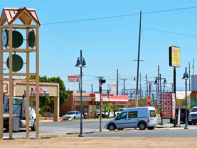 That distinctive bell tower stands watch over Calipatria, marking a community where neighbors still wave from their porches.