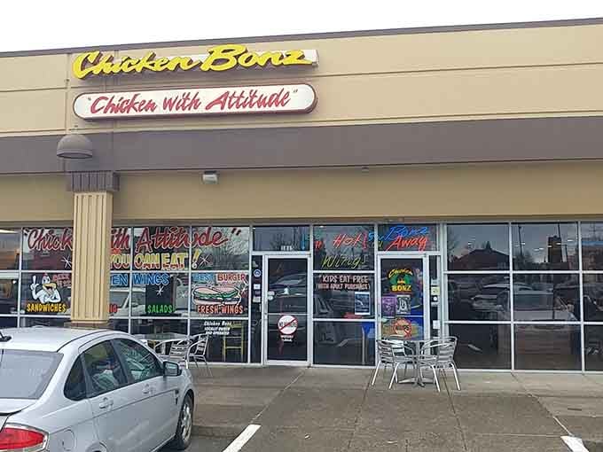 The colorful window display at Chicken Bonz is like a billboard for your stomach's deepest desires.