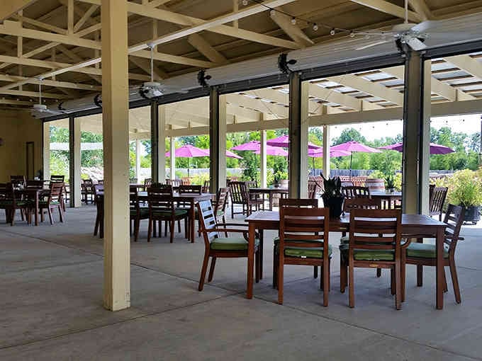 Open-air dining under a covered pavilion where purple umbrellas add cheerful pops of color to leisurely riverside meals.