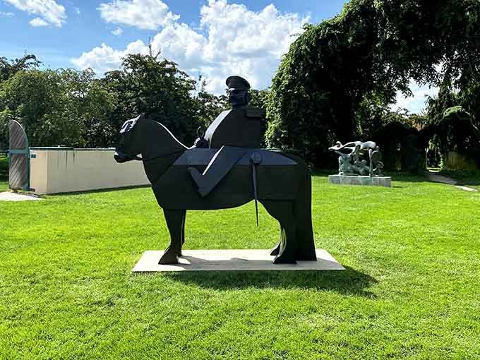 Whimsical and unexpected, this metal horse sculpture demonstrates the playful spirit found throughout Hamilton's outdoor art paradise.