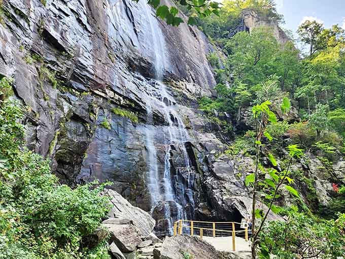 The viewing platform puts you right in the splash zone of this towering giant, Chimney Rock's crown jewel.