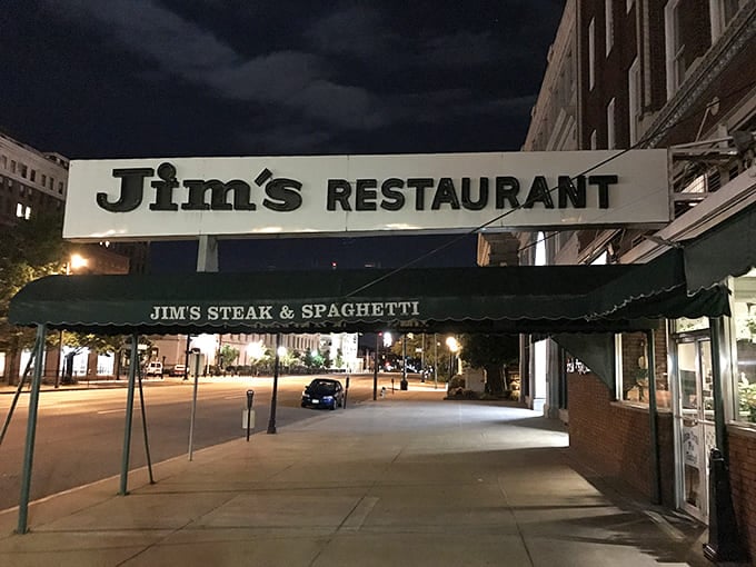 Jim's glowing sign promises the kind of hearty meals that turn strangers into regular customers.