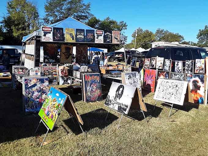 Vintage movie posters and bold artwork transform this booth into a gallery that Woodstock attendees would appreciate.