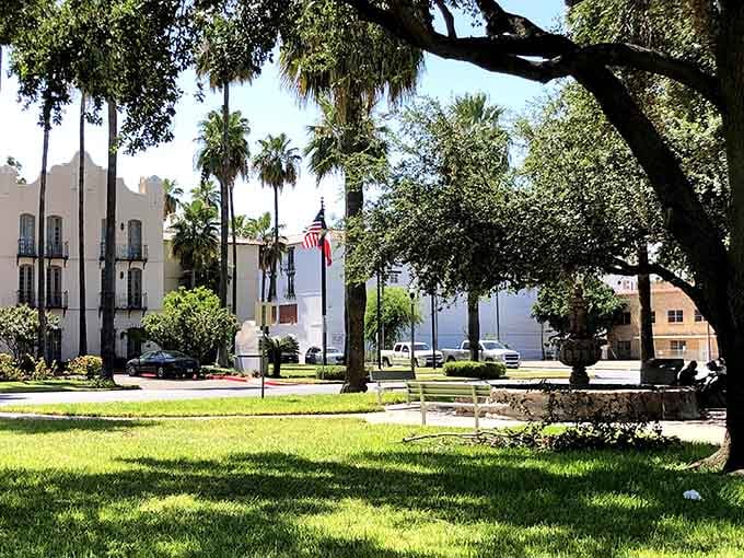 Shaded plazas offer respite from the sun where locals gather to chat about everything except the weather.