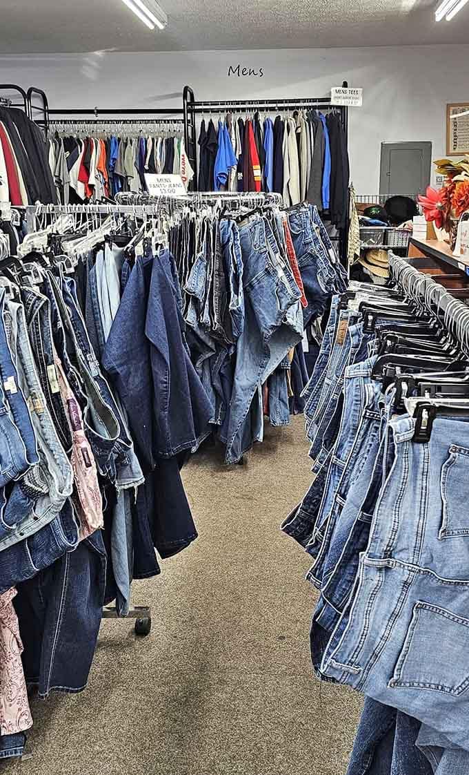 Men's jeans organized by size like a library catalog system, making shopping easier than finding Waldo.