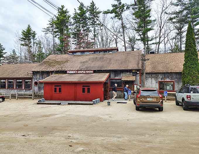 The weathered wood and red sugar house exterior hint at the sweet maple treasures waiting inside.