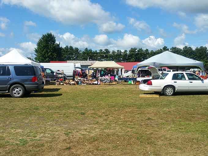 Trufant's open field transforms into a bargain hunter's paradise. Where else can you find handcrafted bags alongside fishing gear for Michigan lakes?