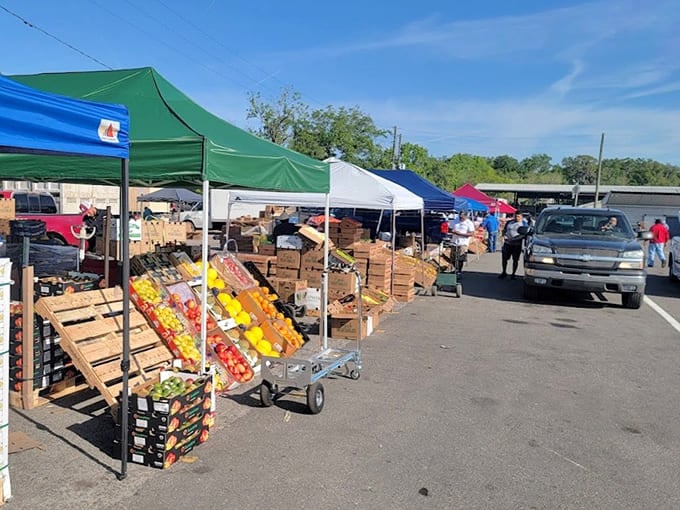 Fresh fruits displayed on rolling carts bring farm-fresh goodness straight from grove to your grocery bag.