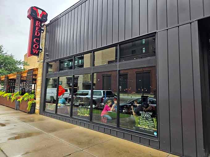 Floor-to-ceiling windows reveal the bustling energy inside this contemporary spot that takes comfort food seriously and joyfully.