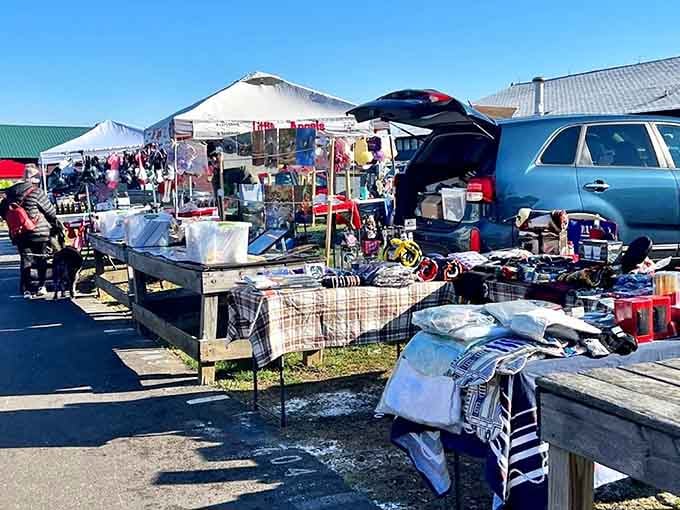 Tailgaters turn their vehicles into pop-up shops, displaying everything from vintage toys to household essentials on makeshift tables.