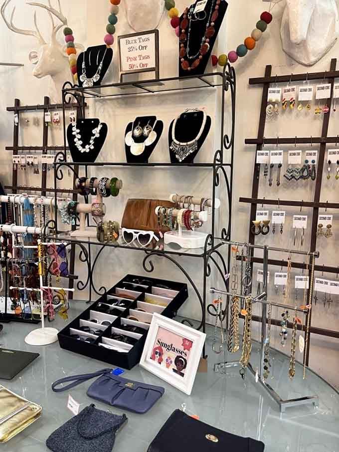 Statement necklaces and heart-shaped sunglasses sparkle under lights, ready to complete your vintage ensemble perfectly.