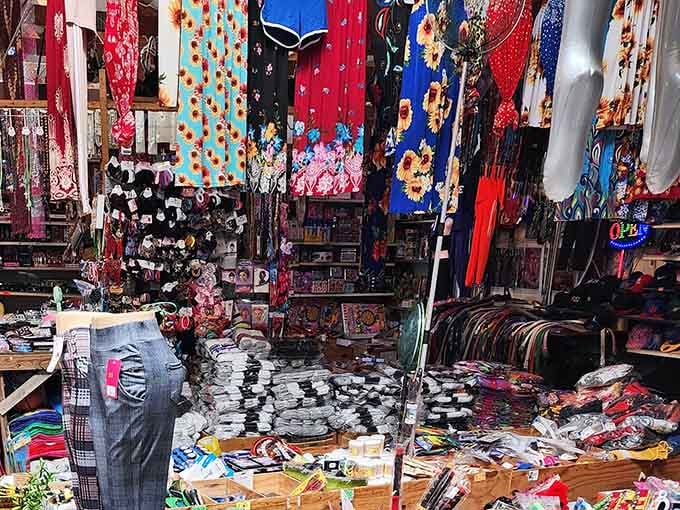 Dresses and accessories cascade in vibrant patterns that would make Carol Burnett's costume designer weep with joy.