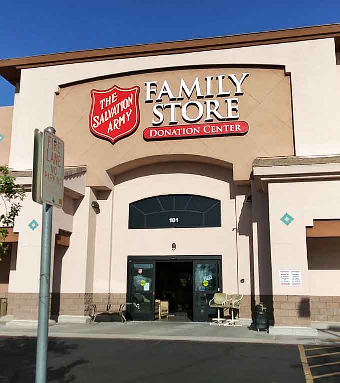 That familiar Salvation Army sign stands proud, marking a spot where deals flow like water in the desert.