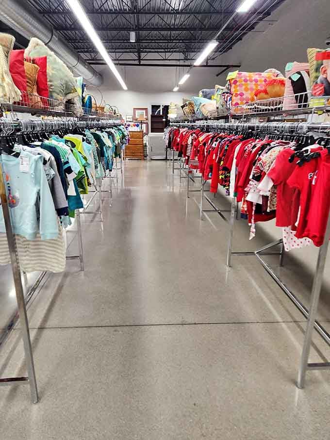 Bright aisles stretch forward lined with colorful children's clothes, proving that outfitting the whole family affordably is absolutely possible.