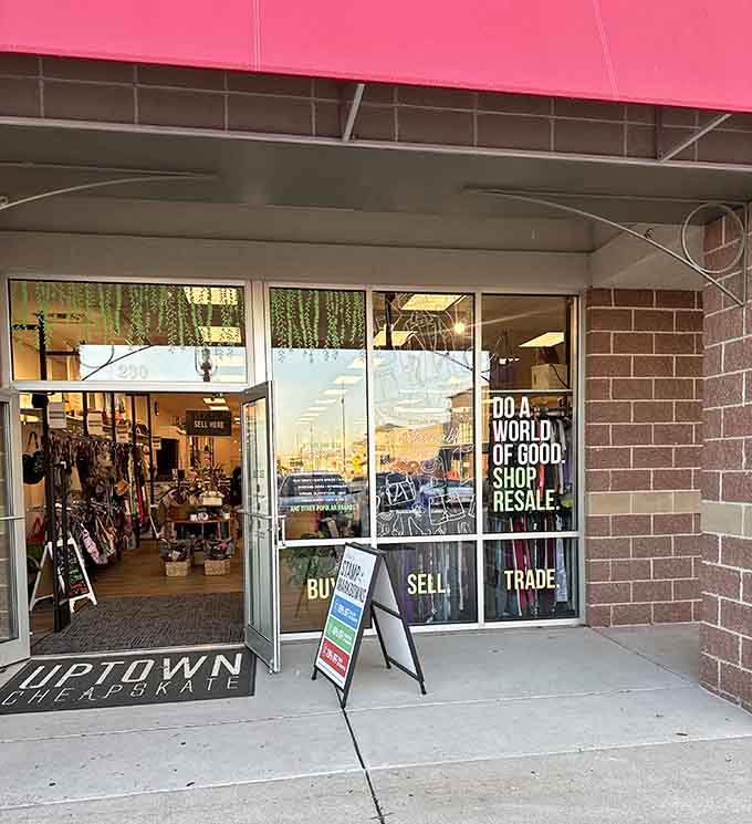 The vibrant canopy adds personality to this resale destination where fashion meets affordability every single day.