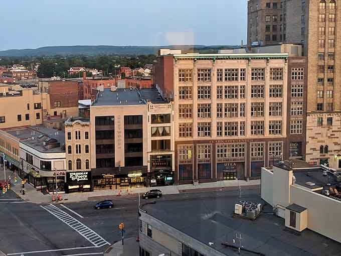 Golden hour bathes the rooftops of a city where urban amenities don't demand Manhattan prices from residents.