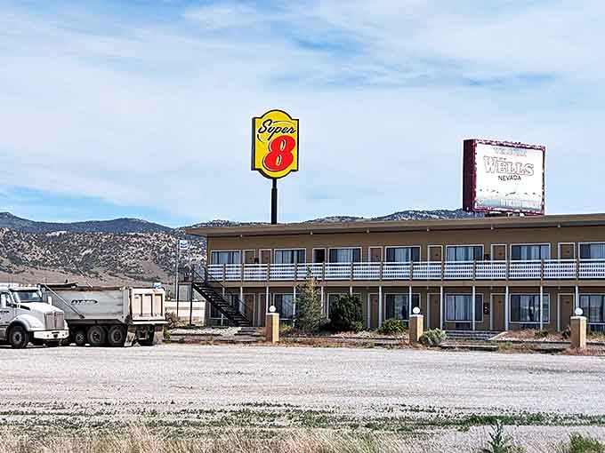 The Super 8 in Wells offers budget-friendly lodging against a backdrop of desert mountains.