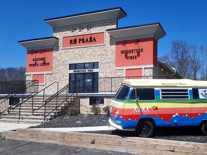 The retro vibes start in the parking lot with that painted van setting the perfect vintage mood.