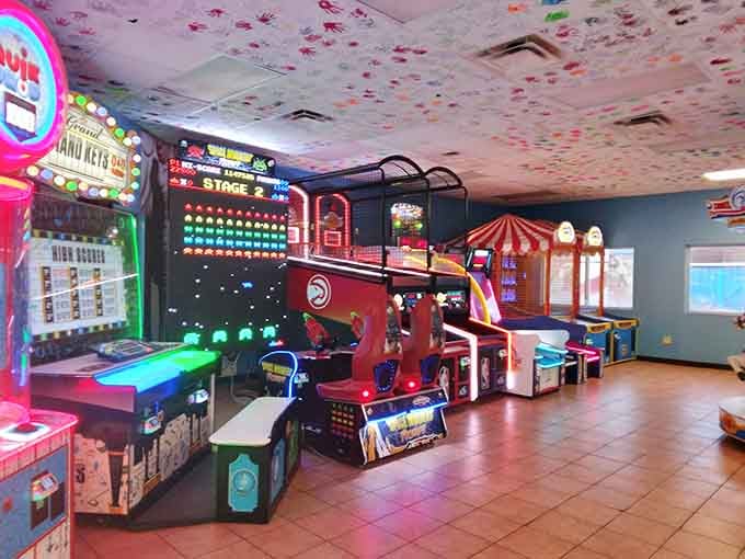 Classic arcade vibes with that carpet pattern that somehow exists in every family entertainment center across the nation.