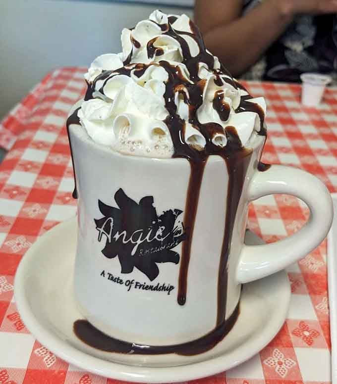 That hot chocolate situation with whipped cream and chocolate drizzle is basically a hug in a branded mug.