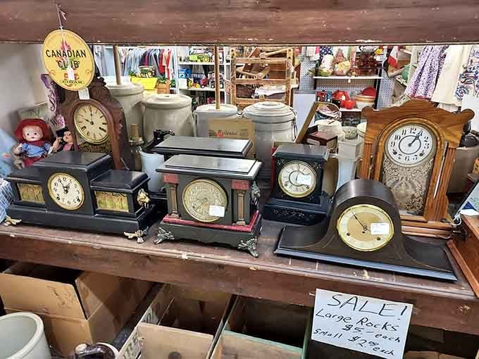 Time literally stands still in this collection of vintage clocks. Each one has faithfully ticked through decades of American history.