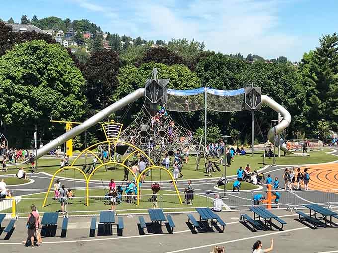Even the picnic tables get a view of the action at this playground that never stops entertaining.