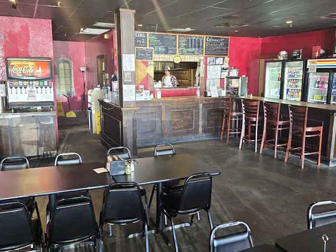 The rustic counter and Coca-Cola fountain give off classic pizzeria vibes that never go out of style.