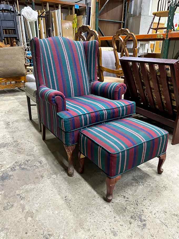 This bold striped chair and ottoman combo screams "distinguished professor's office" or "eccentric aunt who travels extensively."