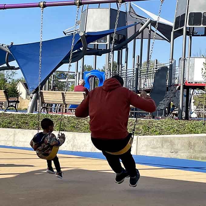 Even adults might feel tempted to claim a swing when the playground empties out at dusk.