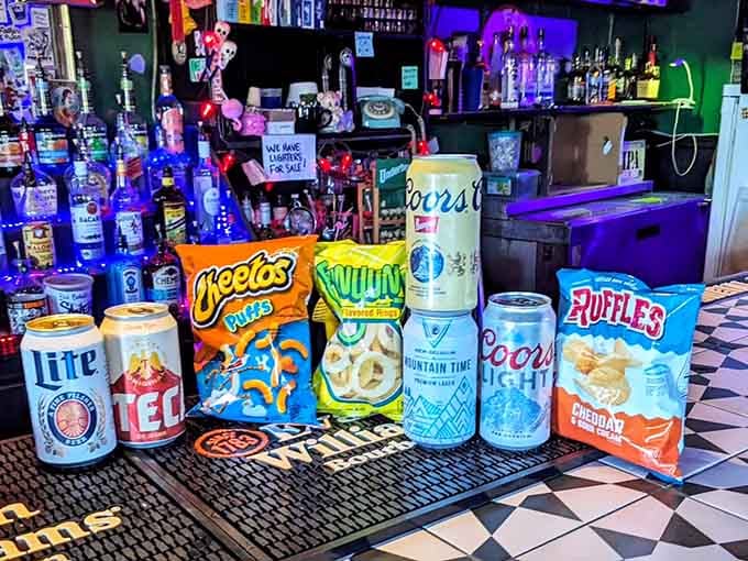 Chips, beer, and neon lights create the holy trinity of dive bar snacking done absolutely right here.