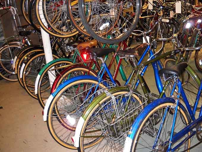 A rainbow of vintage bicycles ready to roll again, each one a testament to when bikes were built to last.