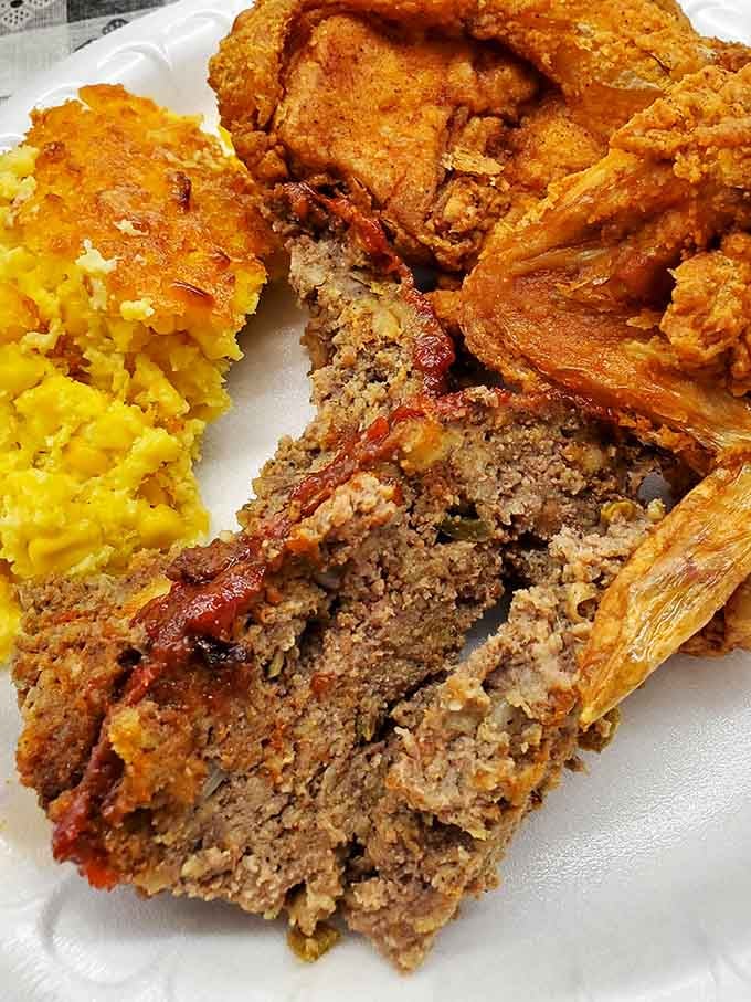Meatloaf, squash casserole, and fried fish proving that variety isn't just the spice of life, it's the whole meal.