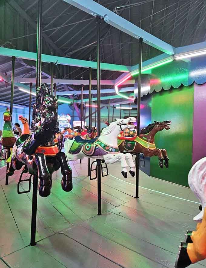 Carousel horses frozen mid-gallop under rainbow lights – these noble steeds have carried generations of riders on three-minute adventures.