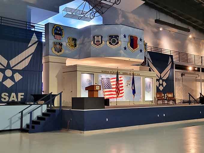 This main stage area hosts ceremonies and events, turning the hangar into a living tribute to American aviation history.