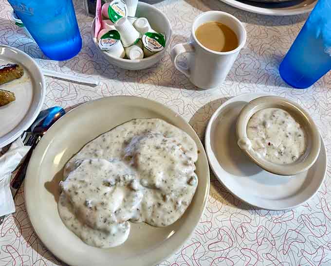 Biscuits drowning in sausage gravy, the kind of comfort food that makes everything else seem trivial today.