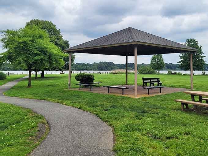 Wilmer Park offers river views without requiring yacht club membership or pretentious nautical attire.