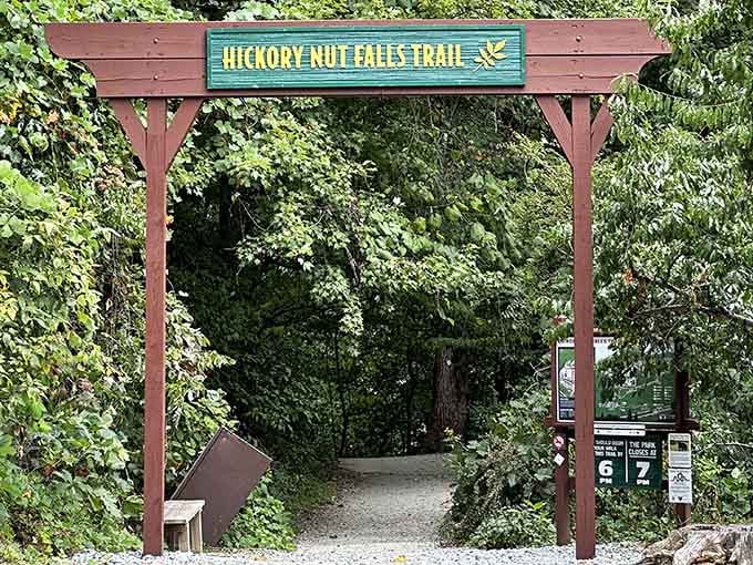 The trailhead to Hickory Nut Falls beckons hikers toward one of the East's most impressive natural water features.