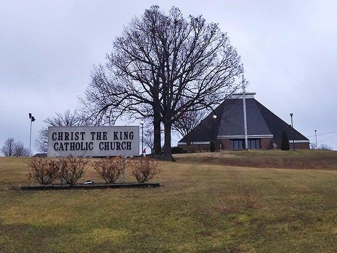 Christ the King Church stands sentinel against a winter sky, offering spiritual community in a town where neighbors still know each other.