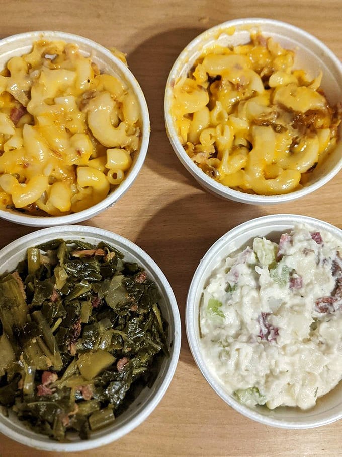 The supporting cast deserves its own standing ovation: mac and cheese that doesn't skimp on the cheese, collards with soul, and potato salad done right.