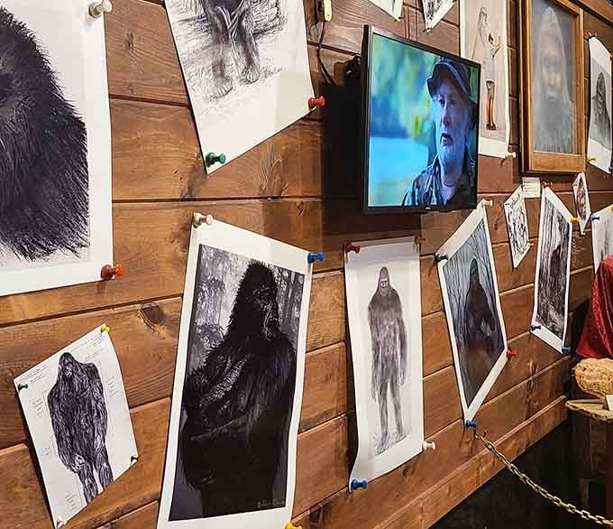 Sketches and video footage cover the walls, showing just how many people have tried capturing Sasquatch on paper.