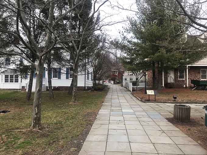 Tree-lined paths connect authentic structures, creating an atmosphere that feels genuinely transported from another century.