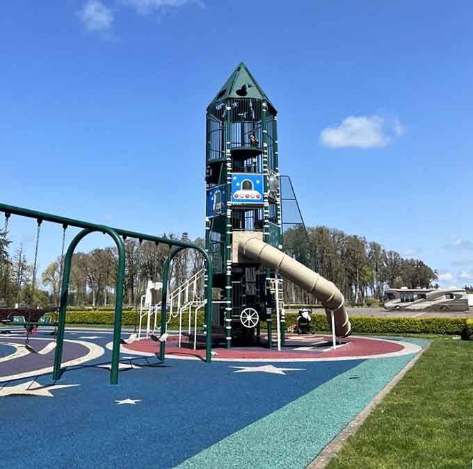 A rocket-shaped playground tower lets kids burn energy while dreaming of becoming the next generation of astronauts.