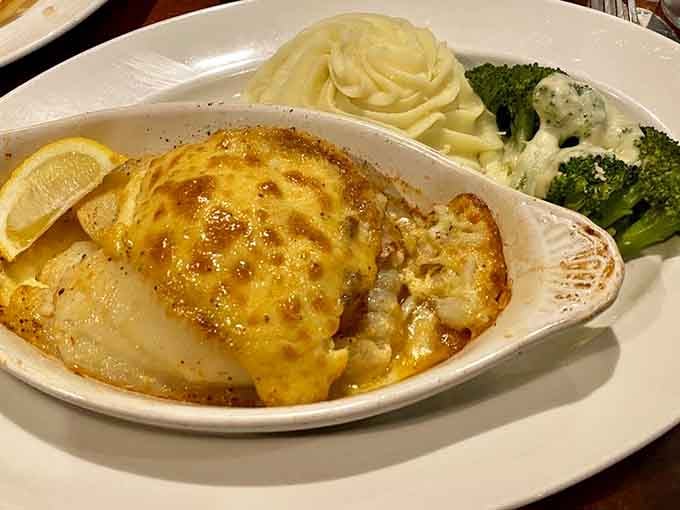 Stuffed flounder so generously filled with crabmeat, the fish is practically bursting with pride and deliciousness.