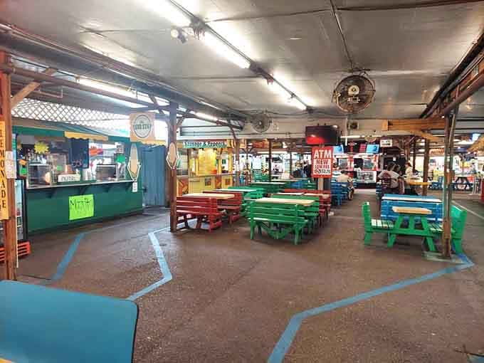 Colorful picnic tables and a no-frills food court where refueling doesn't require a second mortgage on your house.