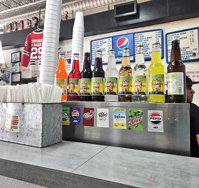 The beverage station offers colorful relief for palates dancing with giardiniera heat. Those glass bottles aren't just drinks&mdash;they're fire extinguishers.