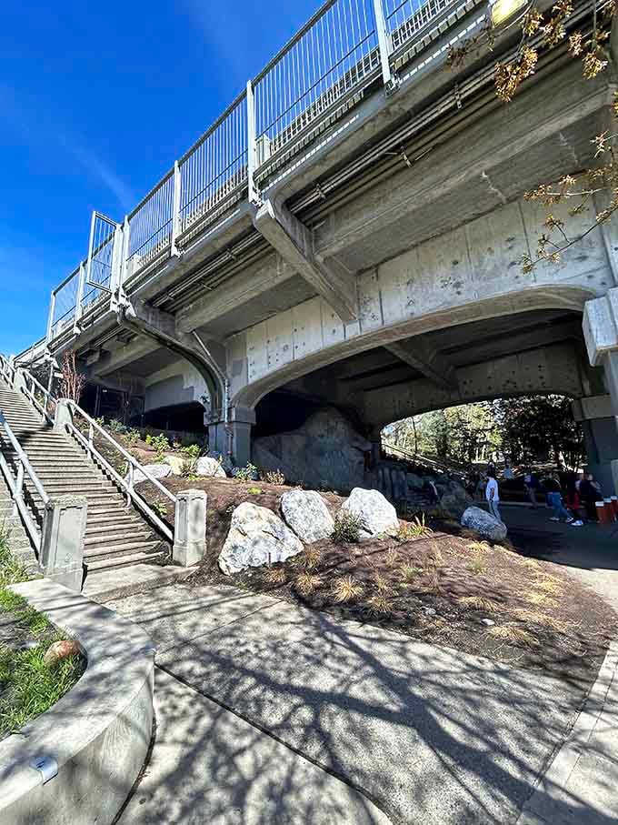 The Aurora Bridge provides the perfect dramatic backdrop for this wonderfully bizarre public art installation.