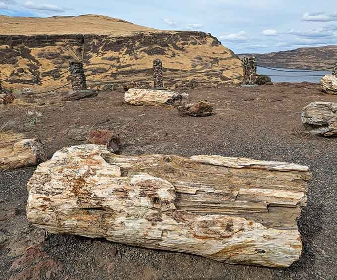 Petrified logs scattered like nature's own sculpture garden, each one a masterpiece millions of years in the making.