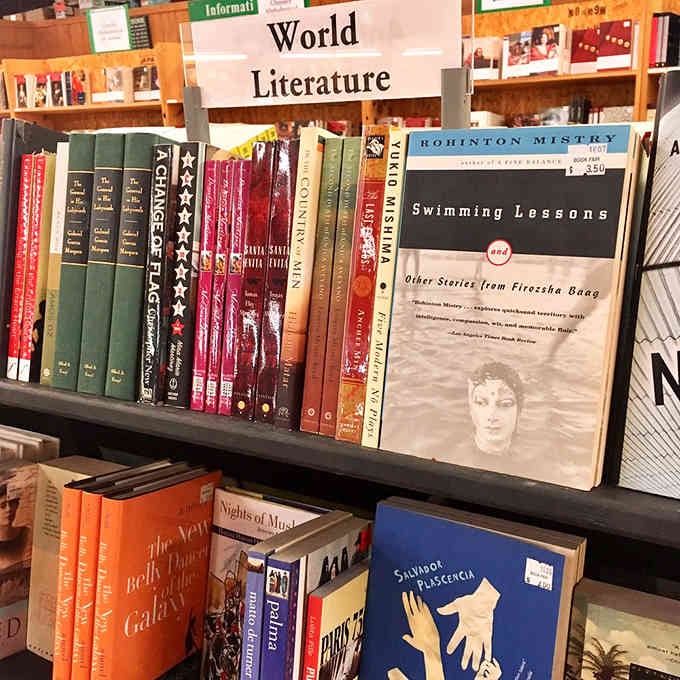 World literature awaits on shelves that stretch toward the ceiling, offering passport-free travel to distant lands and cultures.
