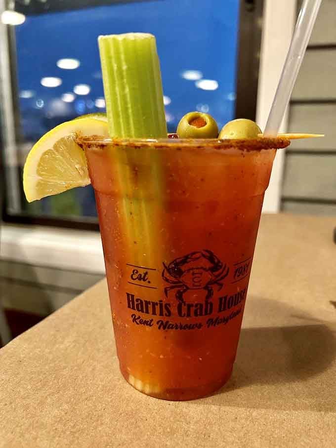 A Bloody Mary garnished with celery and olives, because cracking crabs is thirsty work that requires proper refreshment.