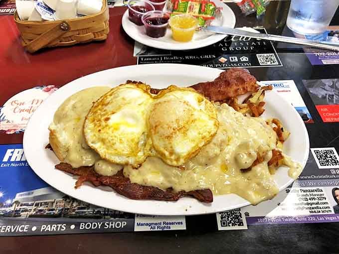 Country fried steak smothered in gravy with eggs on top&mdash;a breakfast that doesn't just start your day, it fuels your entire week.